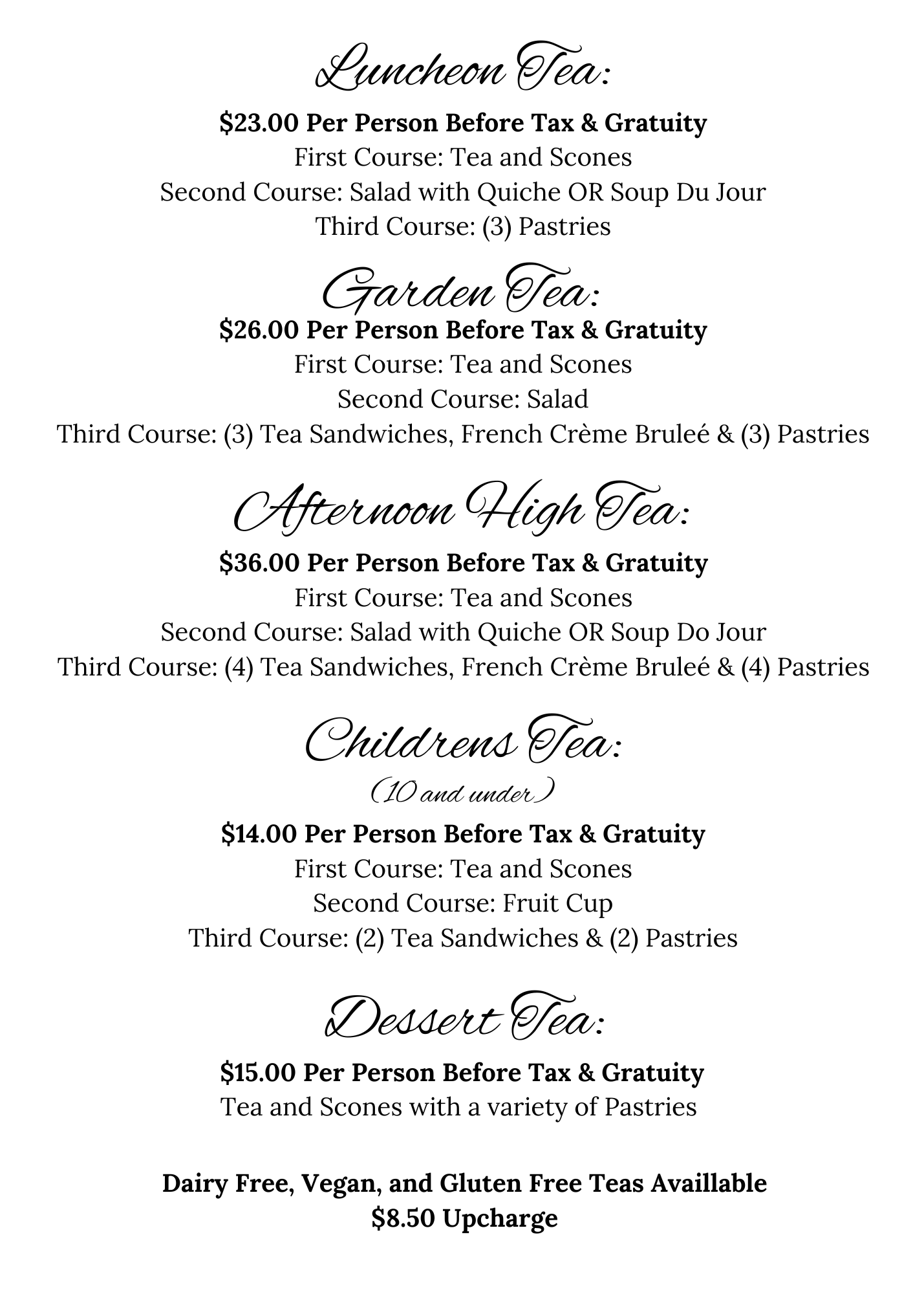 Tea Room Menu